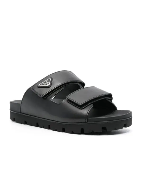 Prada Enamel Triangle Slip-on Sandals - Black