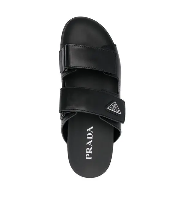 Prada Enamel Triangle Slip-on Sandals - Black
