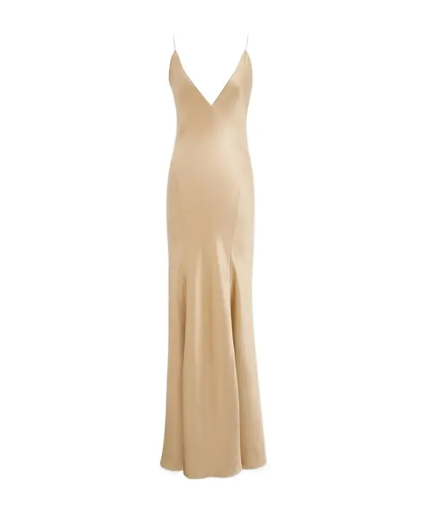 Saint Laurent V-neck Sleeveless Satin Dress - Beige