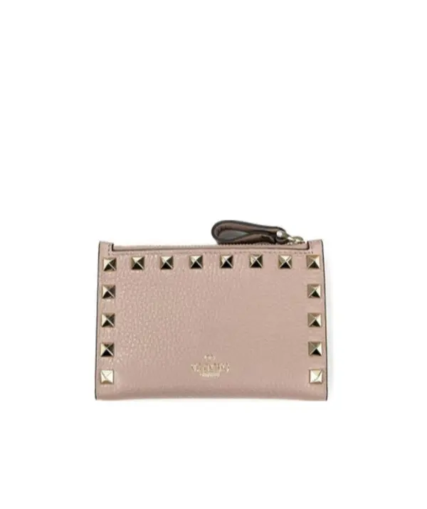 Valentino Garavani Rockstud Zip Card Holder Wallet - Brown