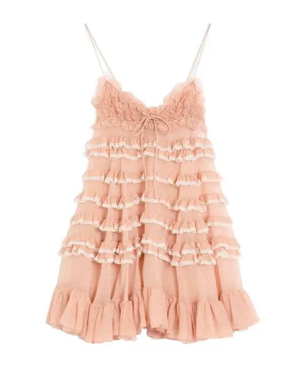 Valentino Garavani Chiffon Short Dress With Lace Panels And Ruffles - Rose Fog