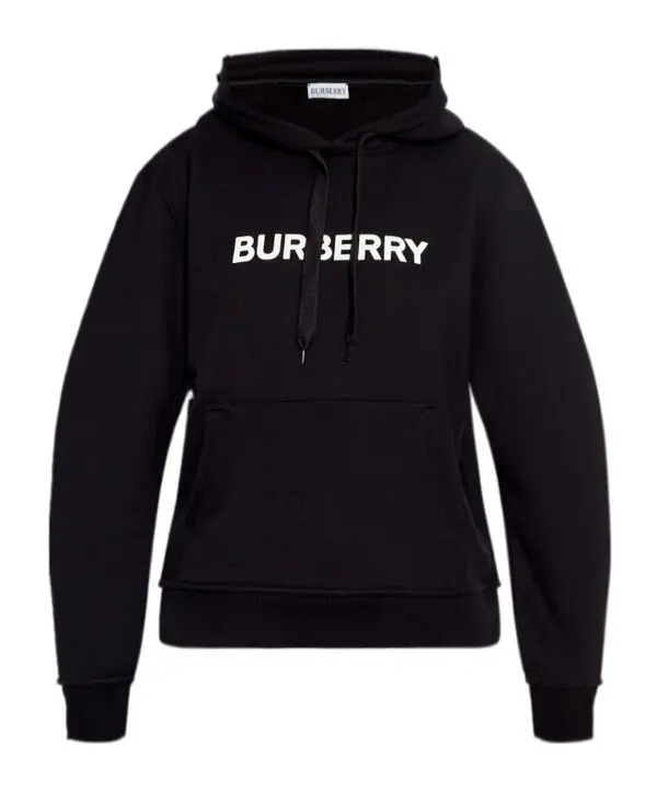 Burberry Logo Printed Drawstring Hoodie - Black