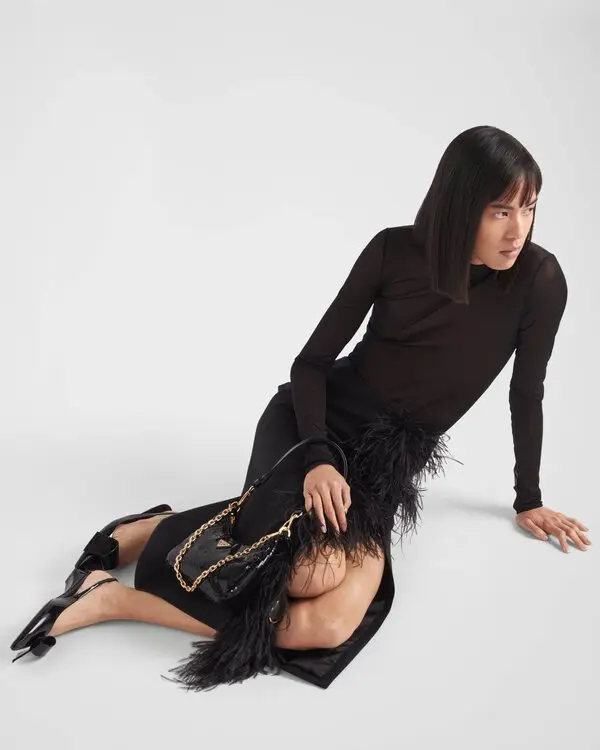 Prada High-waist Midi Skirt With Feather Embellishment