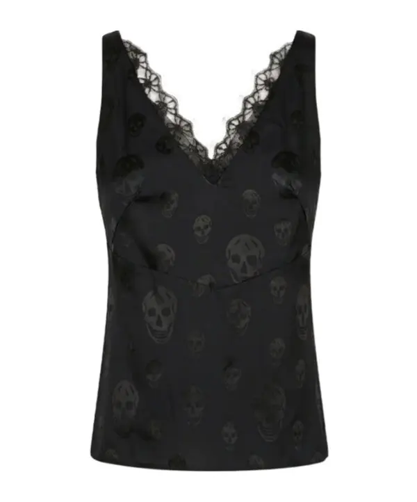 Alexander McQueen Skull Print Lace Trim V-neck Tank Top - Black