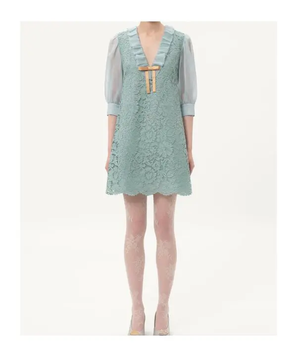 Valentino Garavani Lace Detailed V-neck Mini Dress