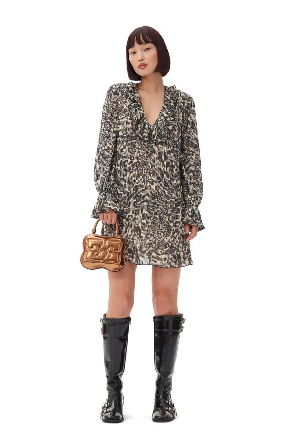 GANNI Pleated Georgette Flounce Neck Mini Dress