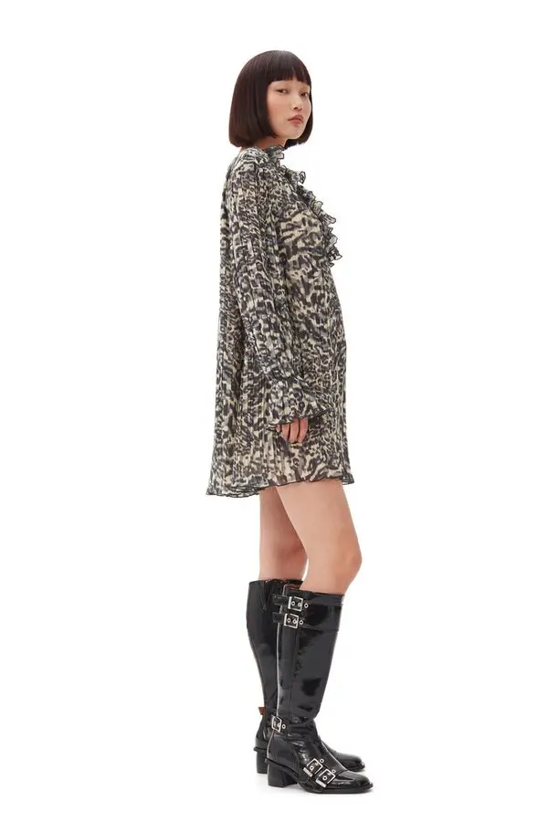 GANNI Pleated Georgette Flounce Neck Mini Dress