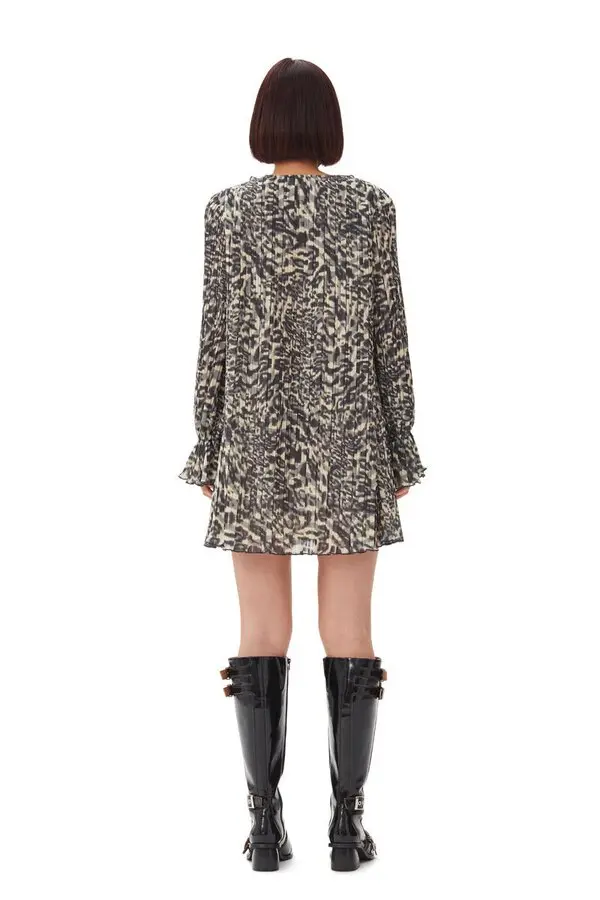 GANNI Pleated Georgette Flounce Neck Mini Dress