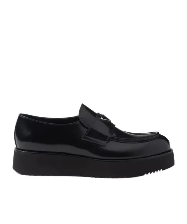 Prada Brushed Leather Loafers With Enameled Metal Logo