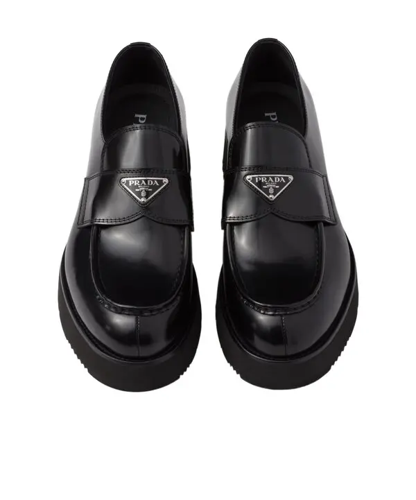 Prada Brushed Leather Loafers With Enameled Metal Logo
