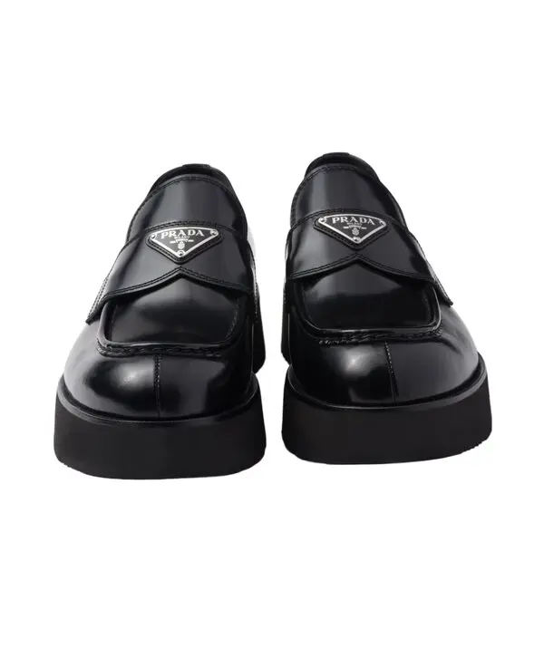 Prada Brushed Leather Loafers With Enameled Metal Logo