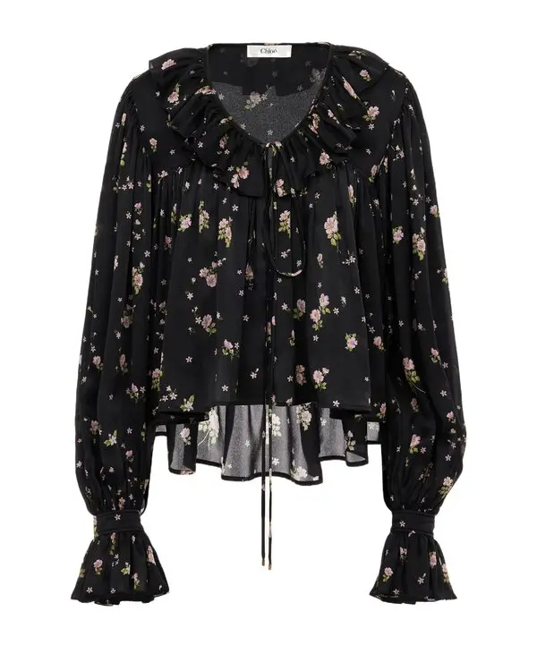 Chloé Maxi Gathered Ruffle Top With Liberty Print - Black