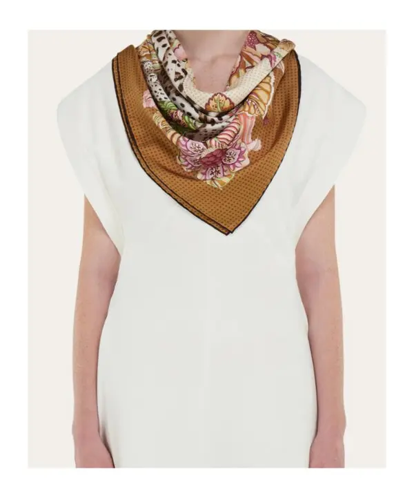 FERRAGAMO Floral Printed Square Shape Scarf - Beige/camel
