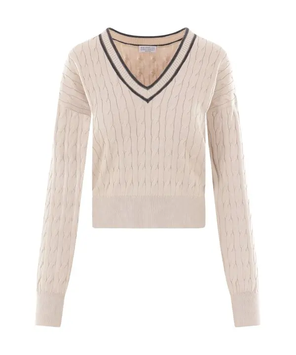 Brunello Cucinelli Cable-knit V-neck Jumper - Beige