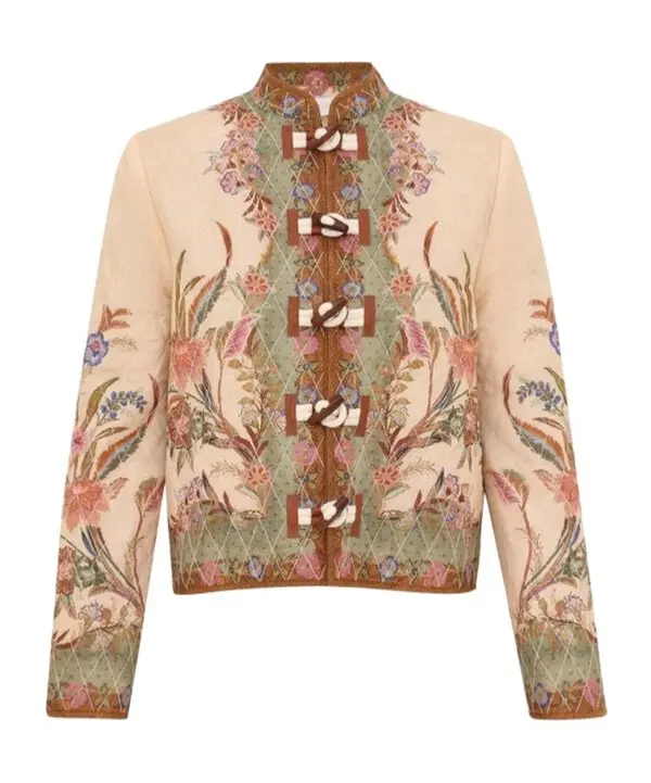 Zimmermann Indra Quilted Bomber Jacket - Khaki Floral Pattern Scarf