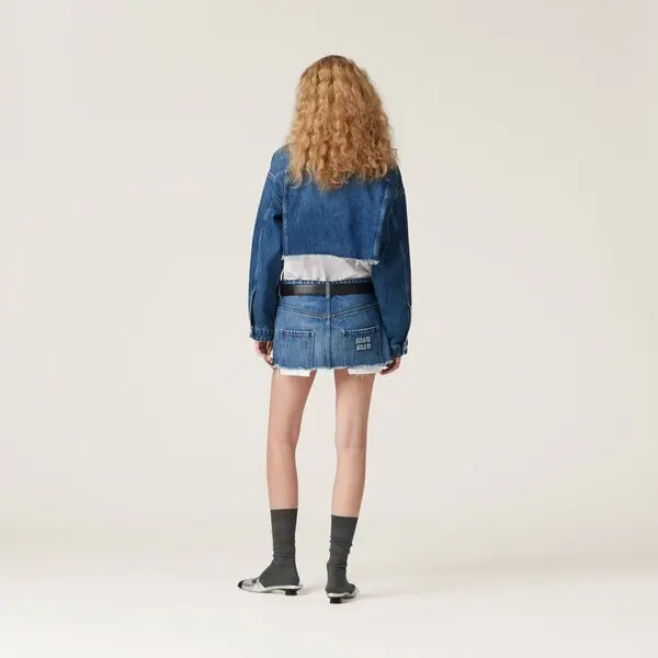 Miu Miu Cropped Denim Jacket With Embroidered Logo - Blue