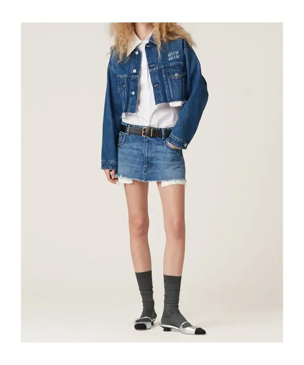 Miu Miu Cropped Denim Jacket With Embroidered Logo - Blue