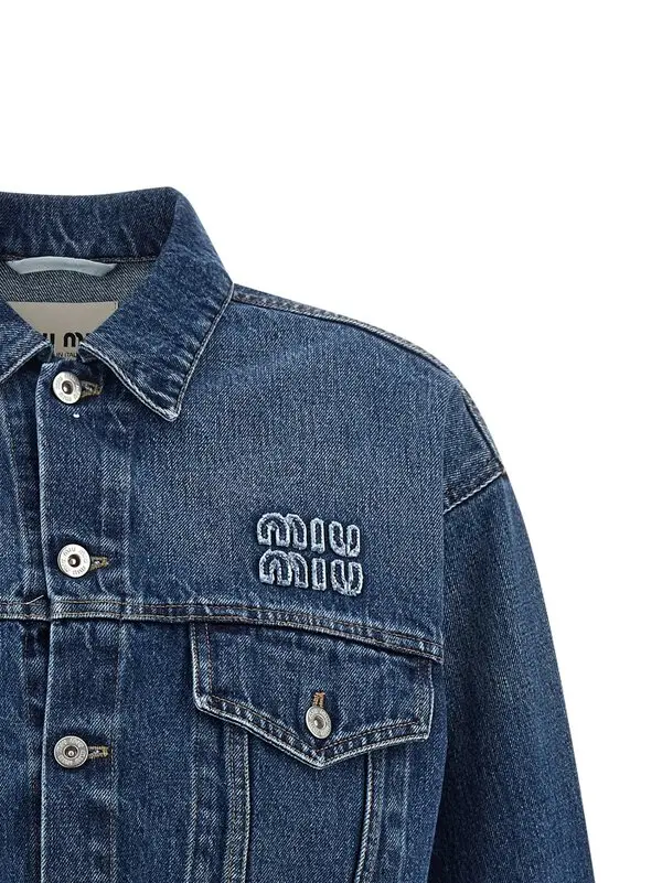 Miu Miu Cropped Denim Jacket With Embroidered Logo - Blue