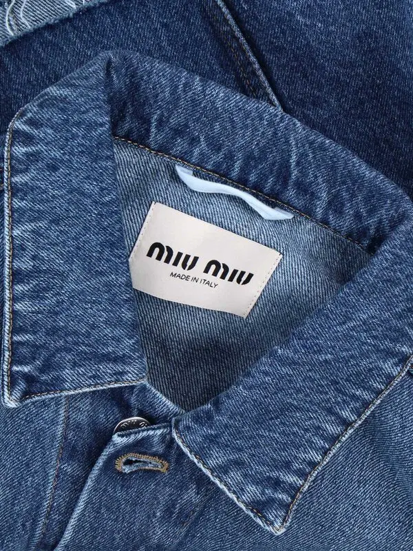 Miu Miu Cropped Denim Jacket With Embroidered Logo - Blue