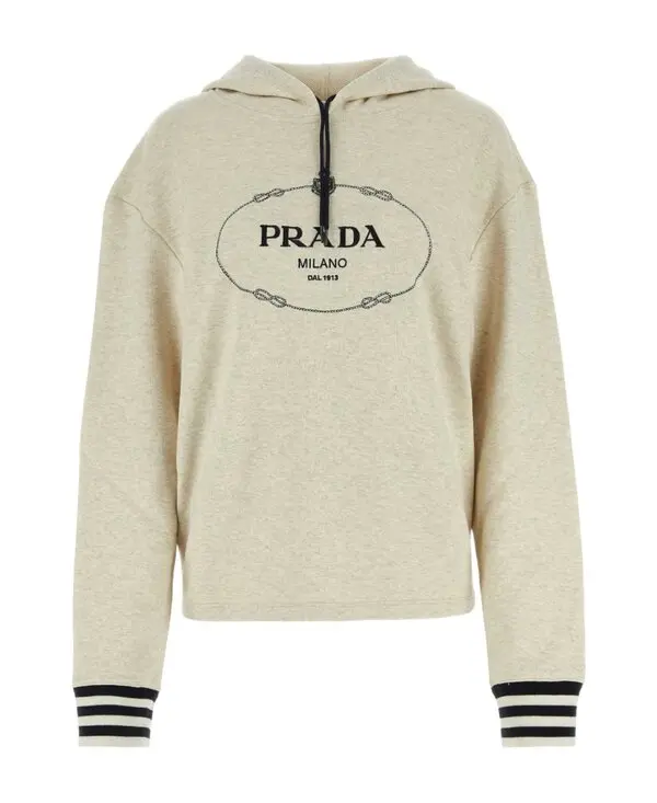 Prada Oversized Cotton Fleece Hoodie With Logo Detail - Neutral Color