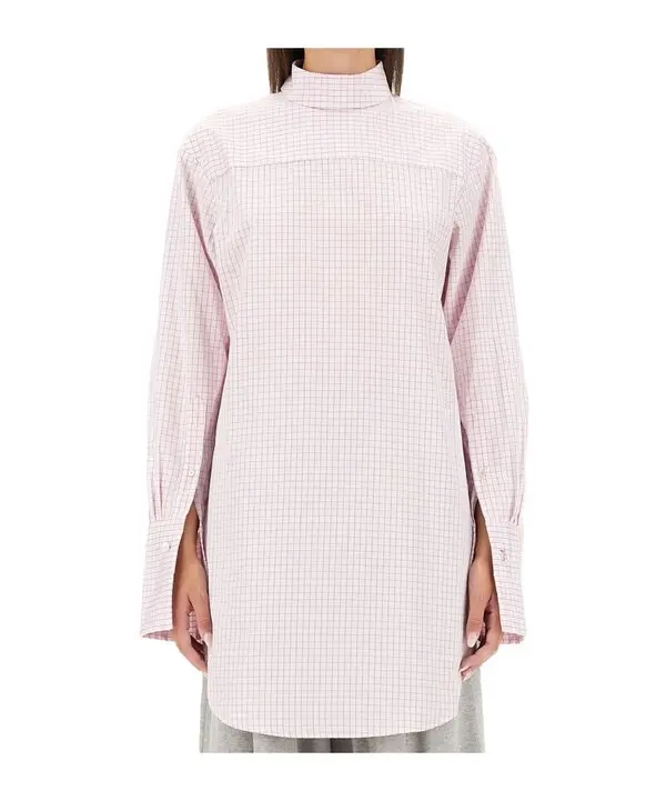 Dries Van Noten Grid Mock-neck Long-sleeve Shirt - Rose Clair