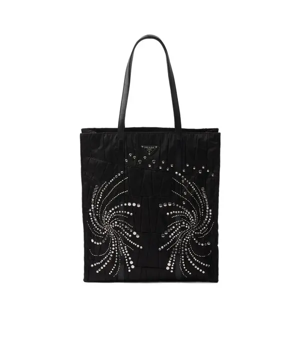 Prada Re-nylon Patchwork Tote Bag With Embroidery And Studs - Black