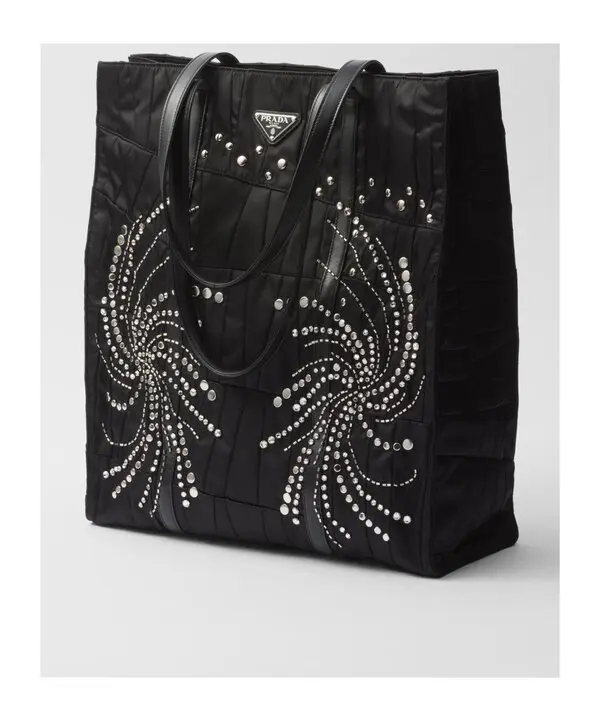 Prada Re-nylon Patchwork Tote Bag With Embroidery And Studs - Black
