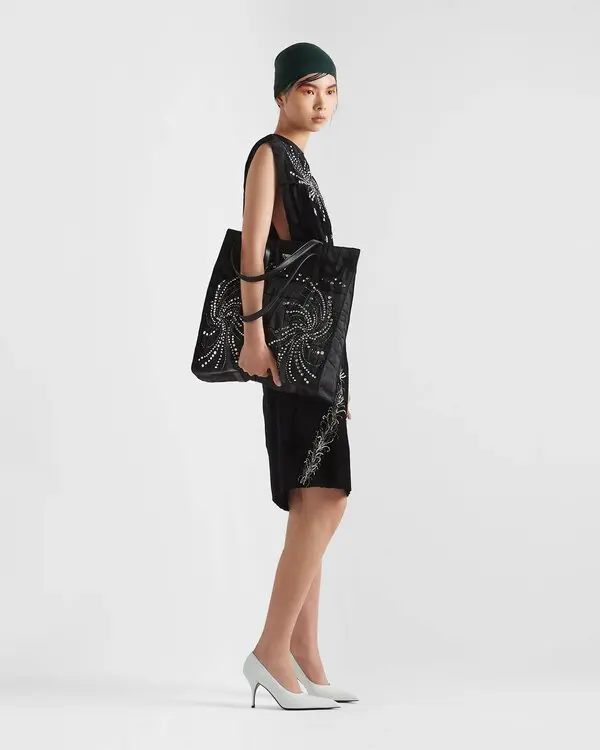 Prada Re-nylon Patchwork Tote Bag With Embroidery And Studs - Black