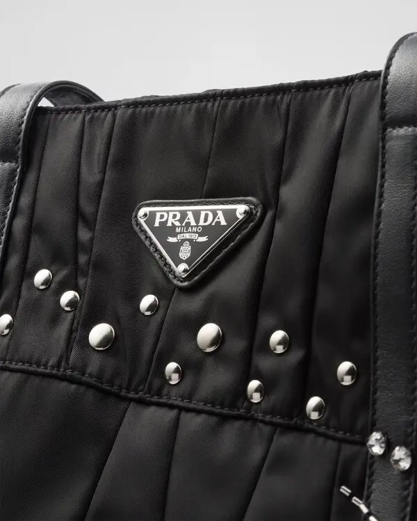 Prada Re-nylon Patchwork Tote Bag With Embroidery And Studs - Black