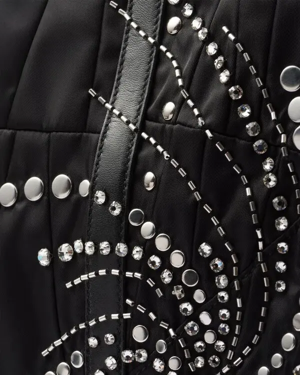Prada Re-nylon Patchwork Tote Bag With Embroidery And Studs - Black