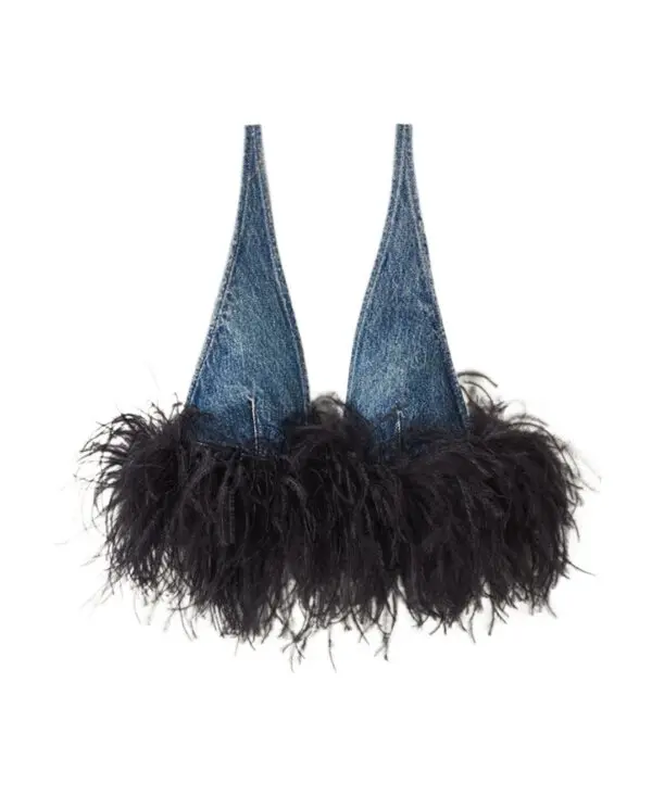 Miu Miu Denim Cropped Top With Feather Embellishment - Blue