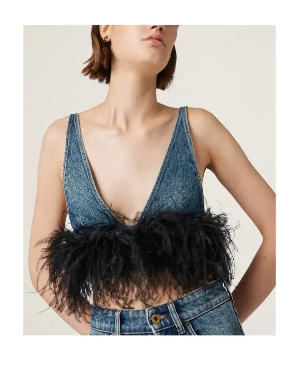 Miu Miu Denim Cropped Top With Feather Embellishment