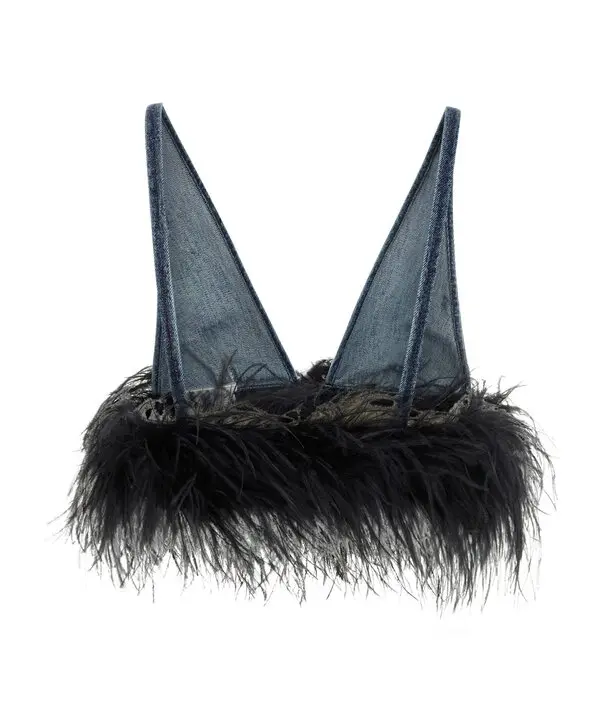 Miu Miu Denim Cropped Top With Feather Embellishment