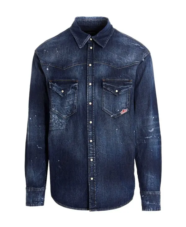 Dsquared2 Logo Patch Buttoned Denim Shirt - Blue