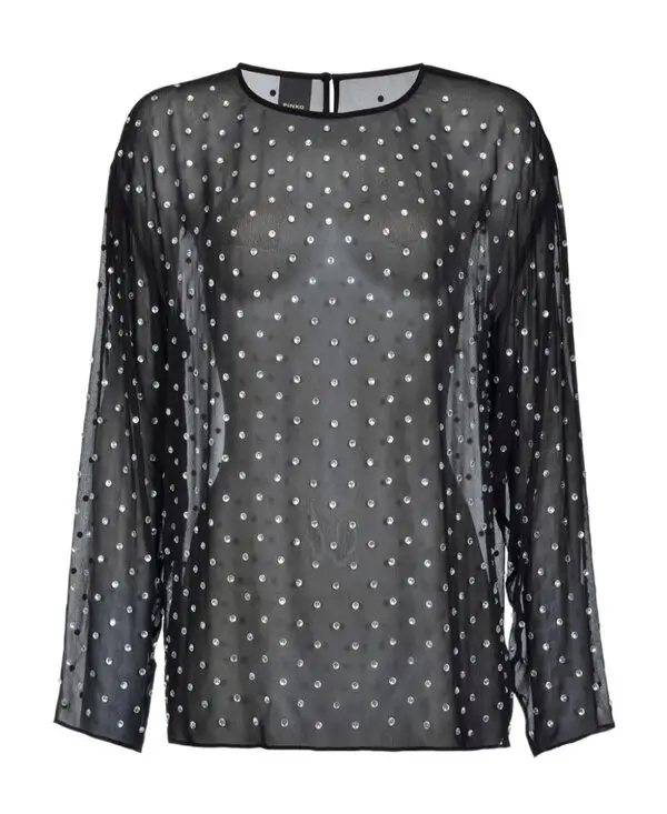 Pinko Polka Dot Embellished Crewneck Long Sleeve Blouse