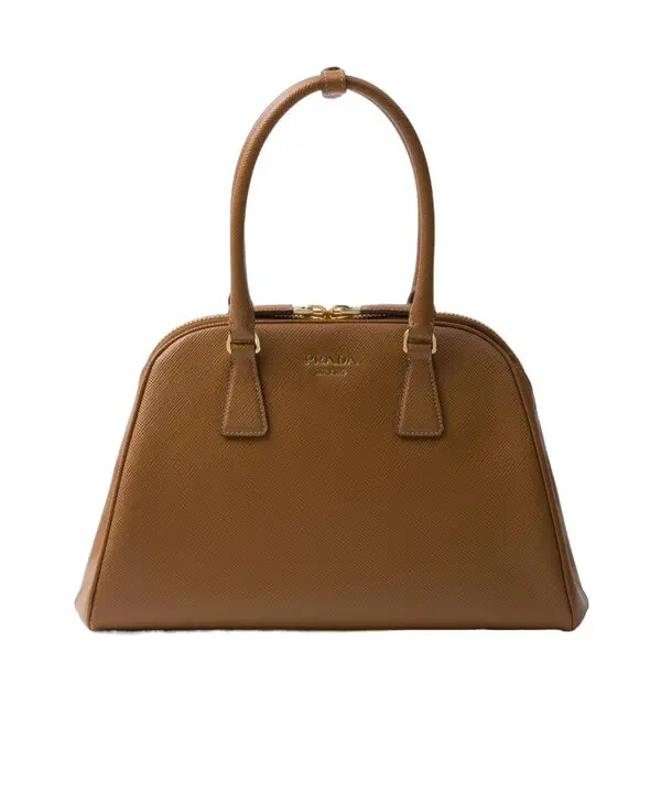 Prada Saffiano Zipped Medium Tote Bag - Caramel