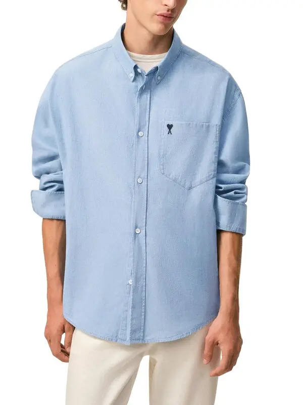 AMI Paris Logo Embroidered Long-sleeve Shirt - Blue
