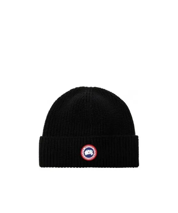 Canada Goose Logo Patch Ribbed Beanie - Black