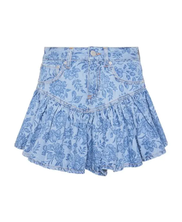 Alessandra Rich Floral Print Ruffled Denim Mini Skirt
