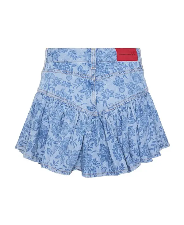 Alessandra Rich Floral Print Ruffled Denim Mini Skirt