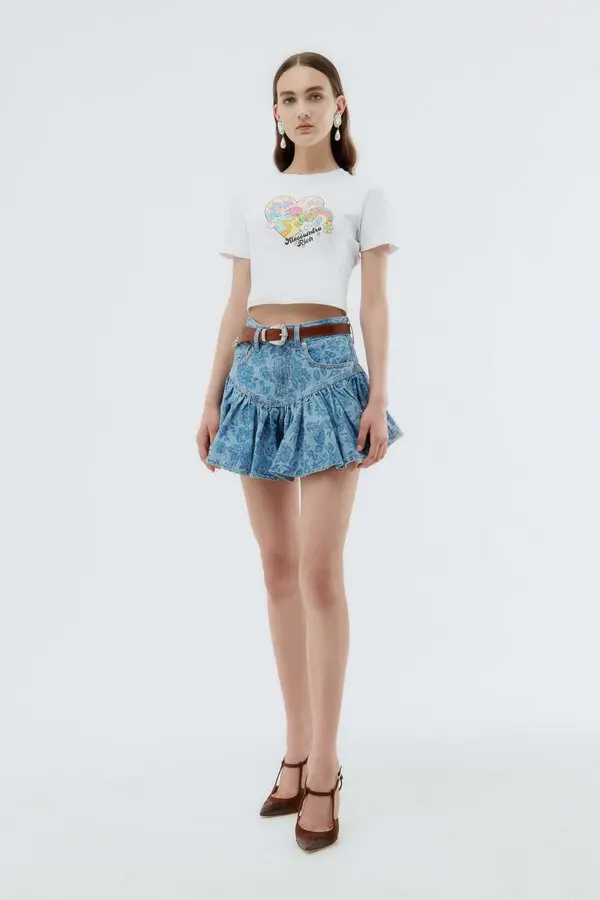 Alessandra Rich Floral Print Ruffled Denim Mini Skirt