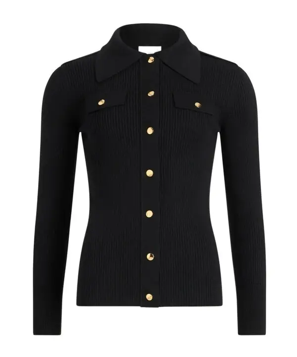 PATOU Ribbed Wool Cardigan With Collared Neck And Flap Pockets - Black