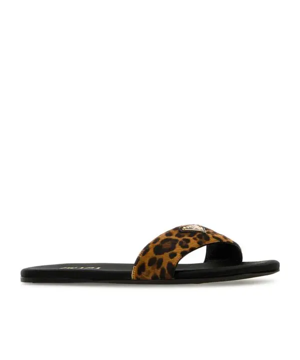 Prada Triangle-logo Leopard Print Slip-on Sandals - Black
