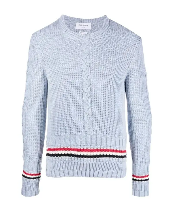 Thom Browne Rwb Stripe Cable Knit Jumper - Light Blue