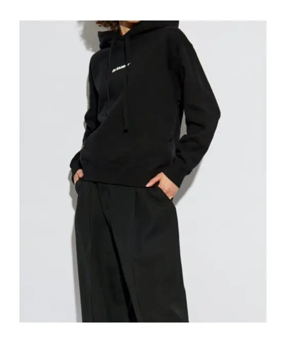 JIL SANDER Logo Printed Drawstring Hoodie - Black