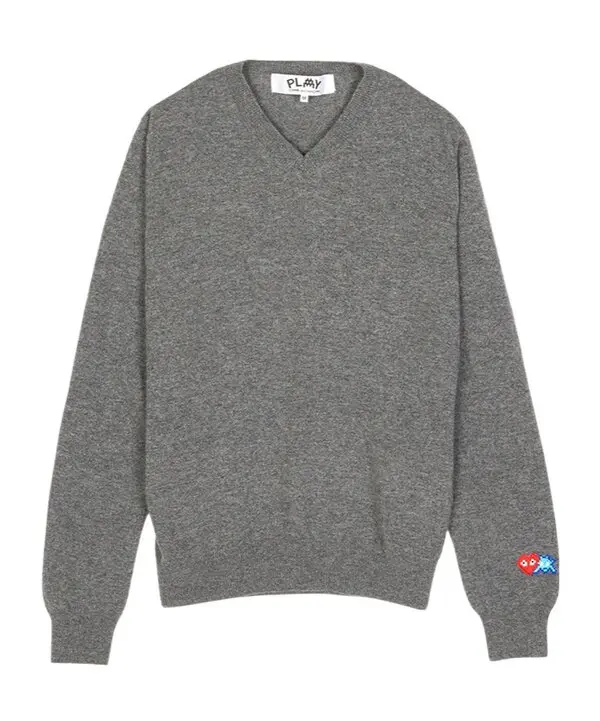 Comme Des Garçons V-neck Long Sleeve Sweater With Embroidered Detail - Gray