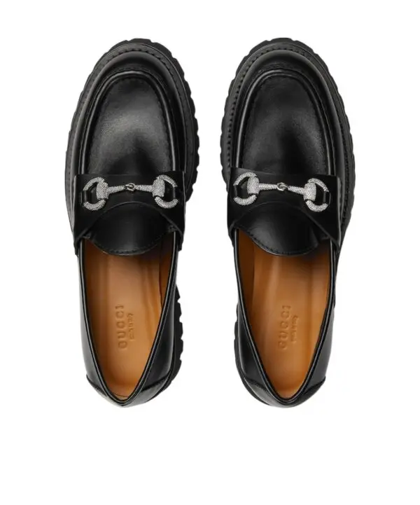 Gucci Horsebit Detailed Loafers With Silver Hardware And Crystal Embellishments