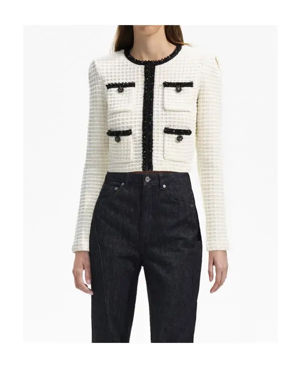 SELF-PORTRAIT Textured Knitted Cardigan With Embellished Pockets