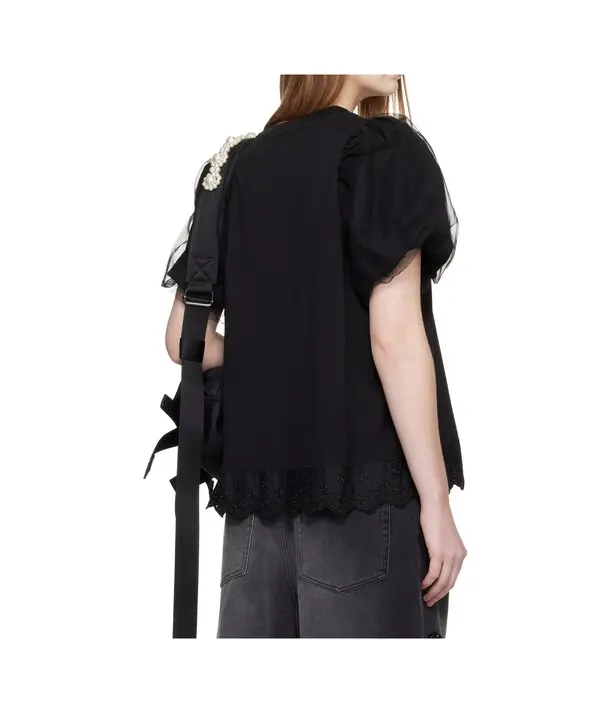 Simone Rocha Sheer Puff Sleeve Lace Trim T-shirt