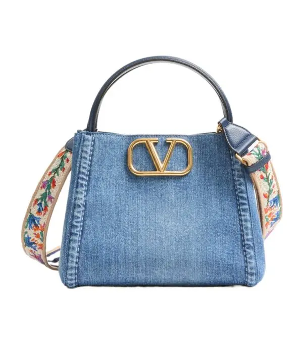 Valentino Garavani Alltime Logo Plaque Medium Denim Tote Bag